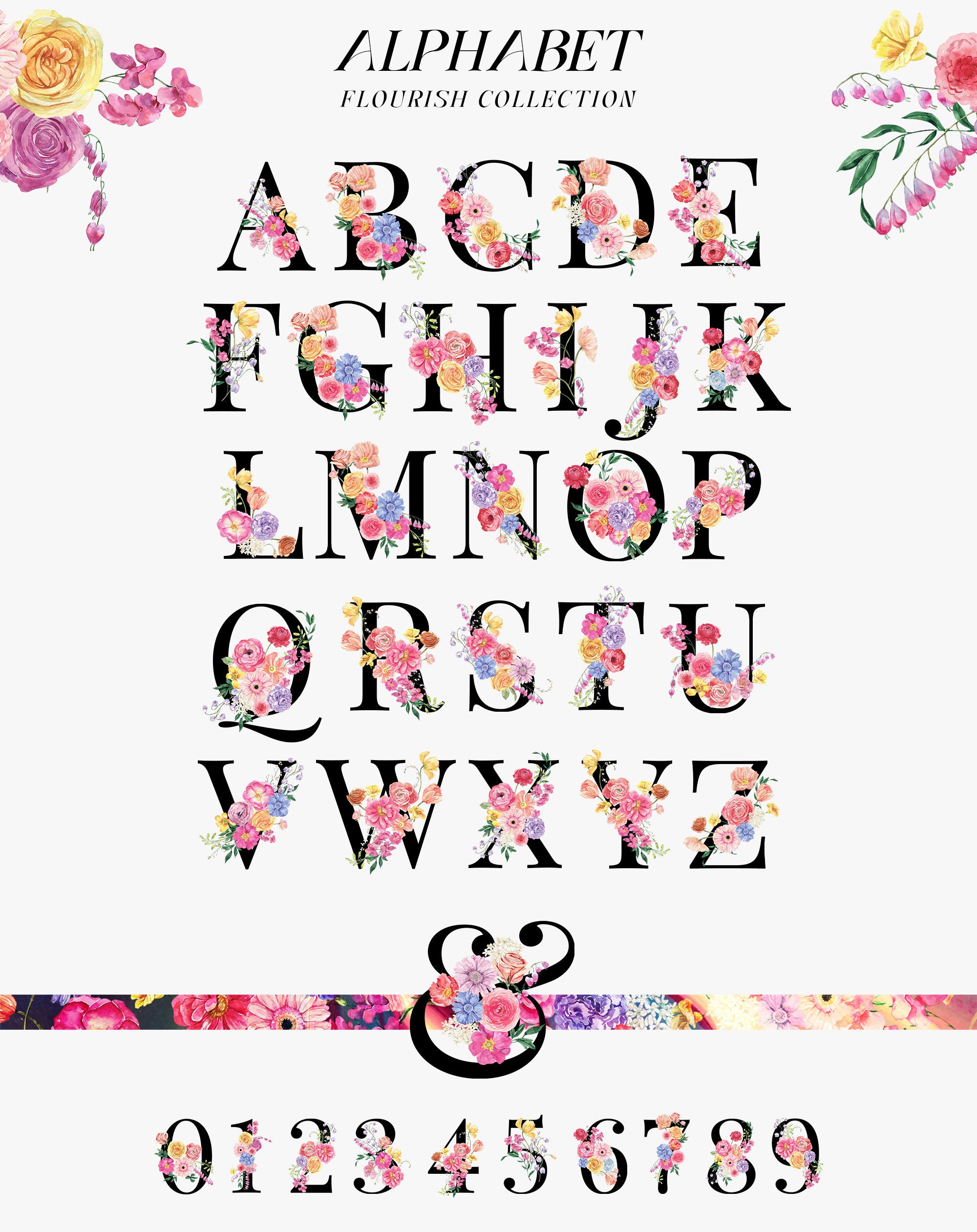 FLOURISH Watercolor Floral Alphabet Clipart, Bright Flowers Letters ...