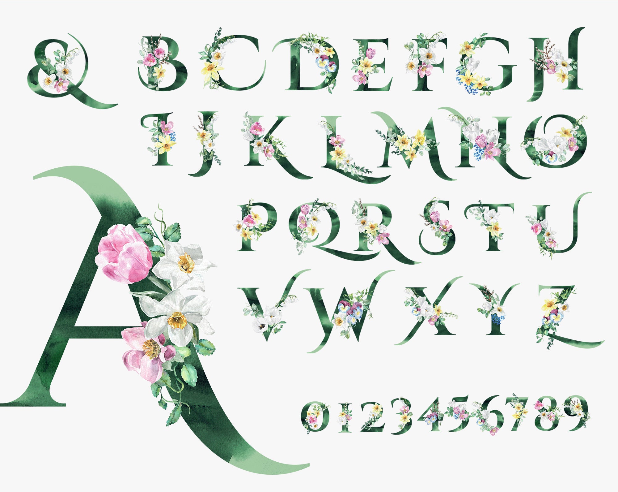 SPRING Essentials Green Alphabet pastel floral watercolor | Etsy