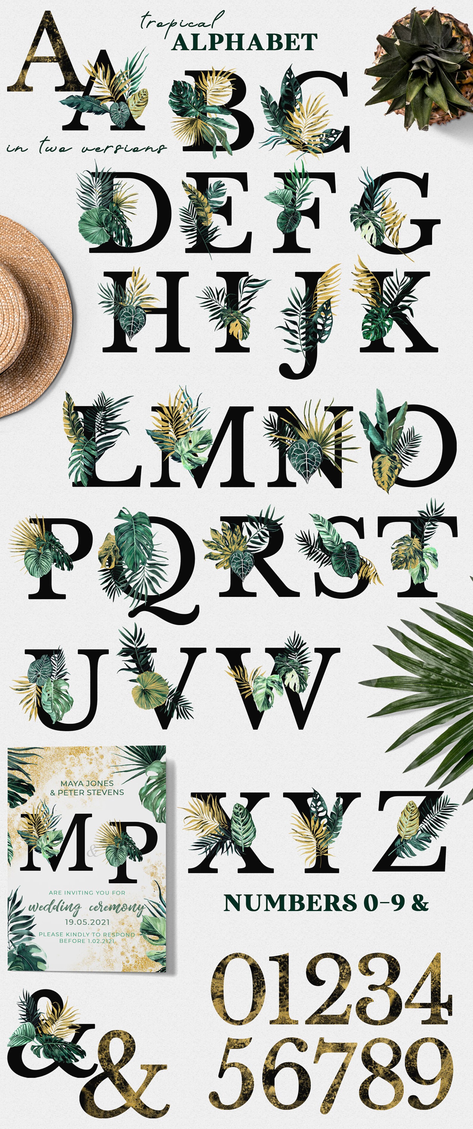 Tropical Lush Watercolor Letters & Numbers Clipart, Exotic Jungle ...