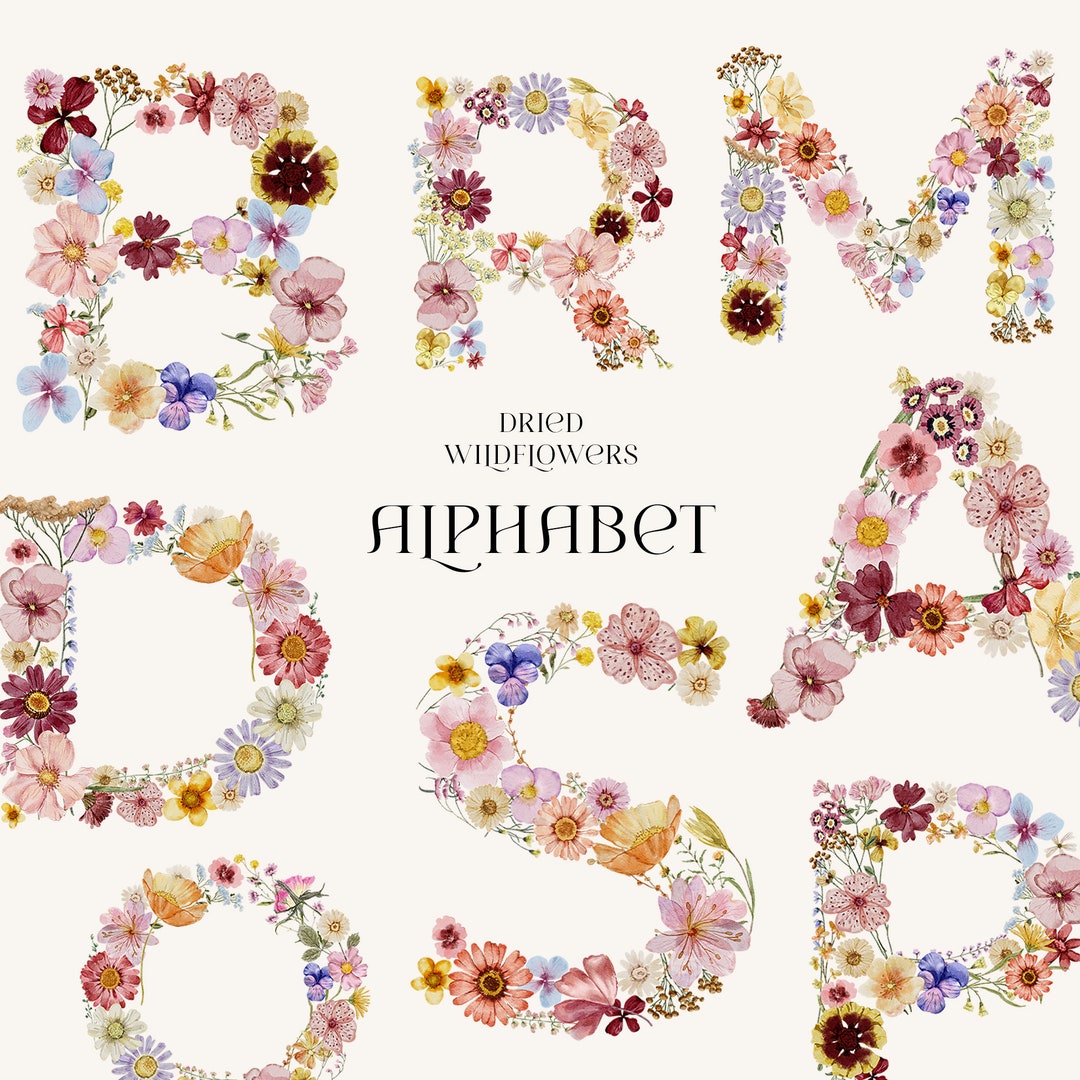 Dried Wildflowers Alphabet Watercolor Clipart, Delicate Pressed Flowers ...