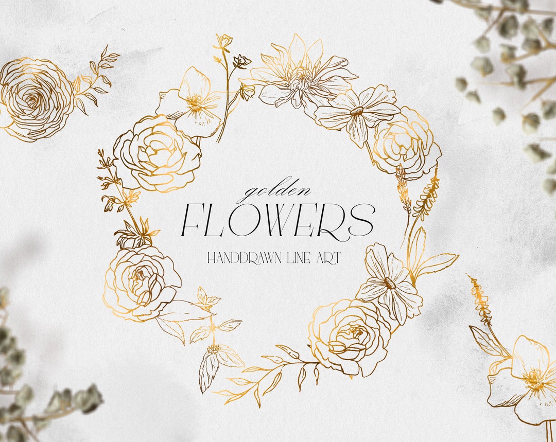 Gold Line Art Flowers Clipart, Hand Drawn Wild Flowers and Roses ...