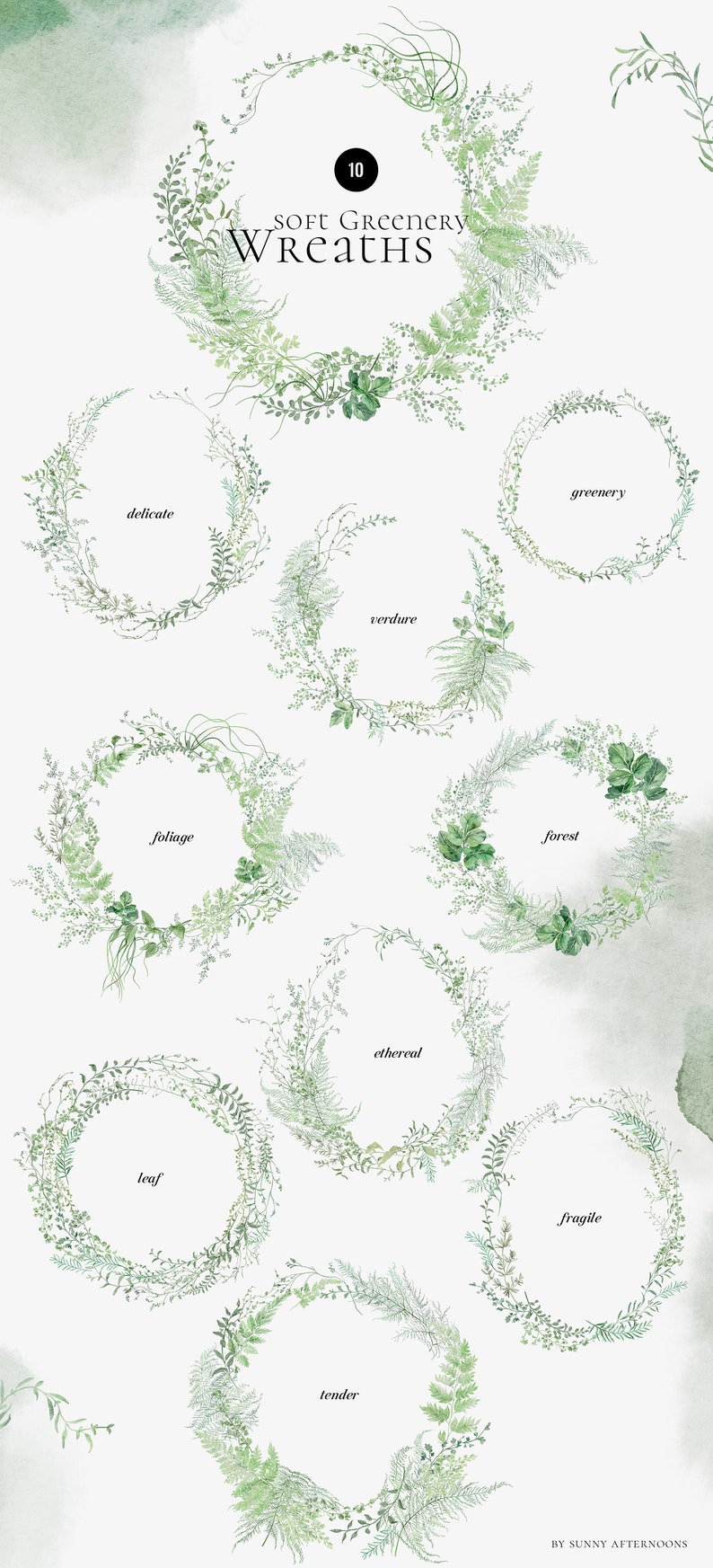 Soft Greenery Watercolor Clipart, Delicate Wreaths, Foliage Leaves Ferns Greenery Arrangements ...