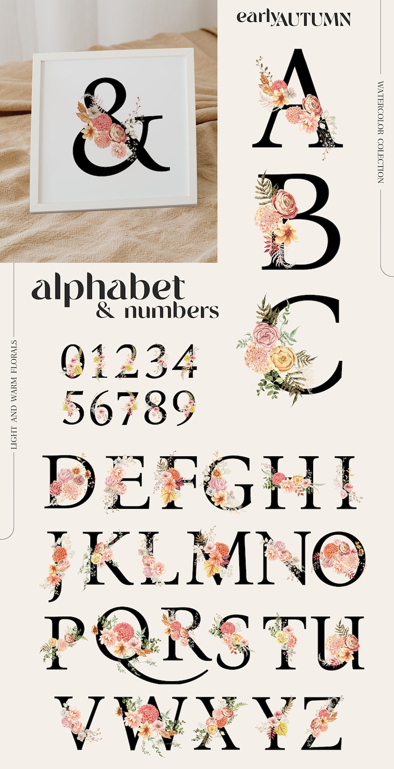 Early Autumn Alphabet and Numbers Watercolor Floral Clipart, Cozy Fall ...