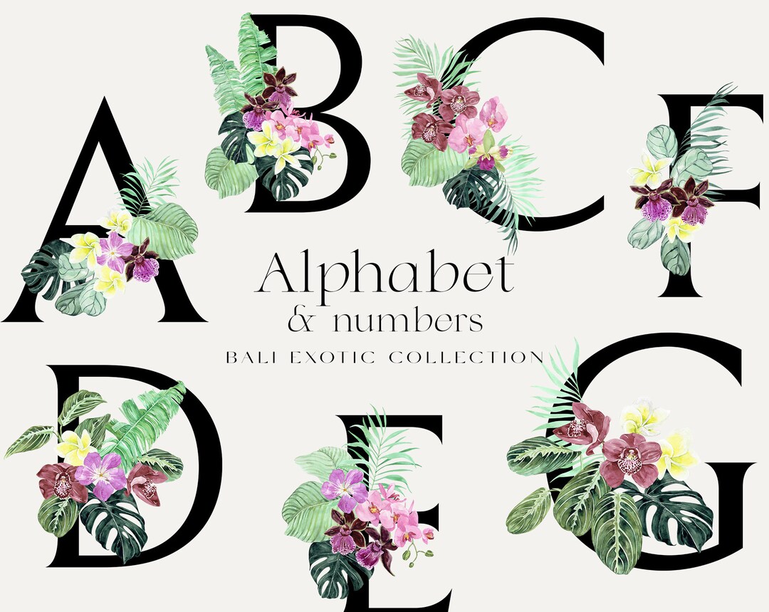 Bali Tropical Watercolor Floral Alphabet Clipart, Exotic Flowers ...