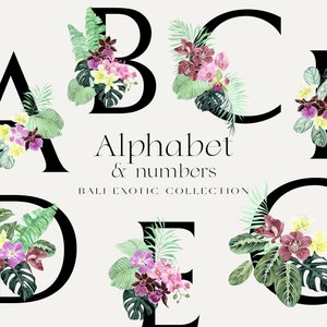 Bali Tropical Watercolor Floral Alphabet Clipart, Exotic Flowers ...