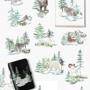 Watercolor Forest Mountain Digital Clipart Set, Winter Animal Clipart ...