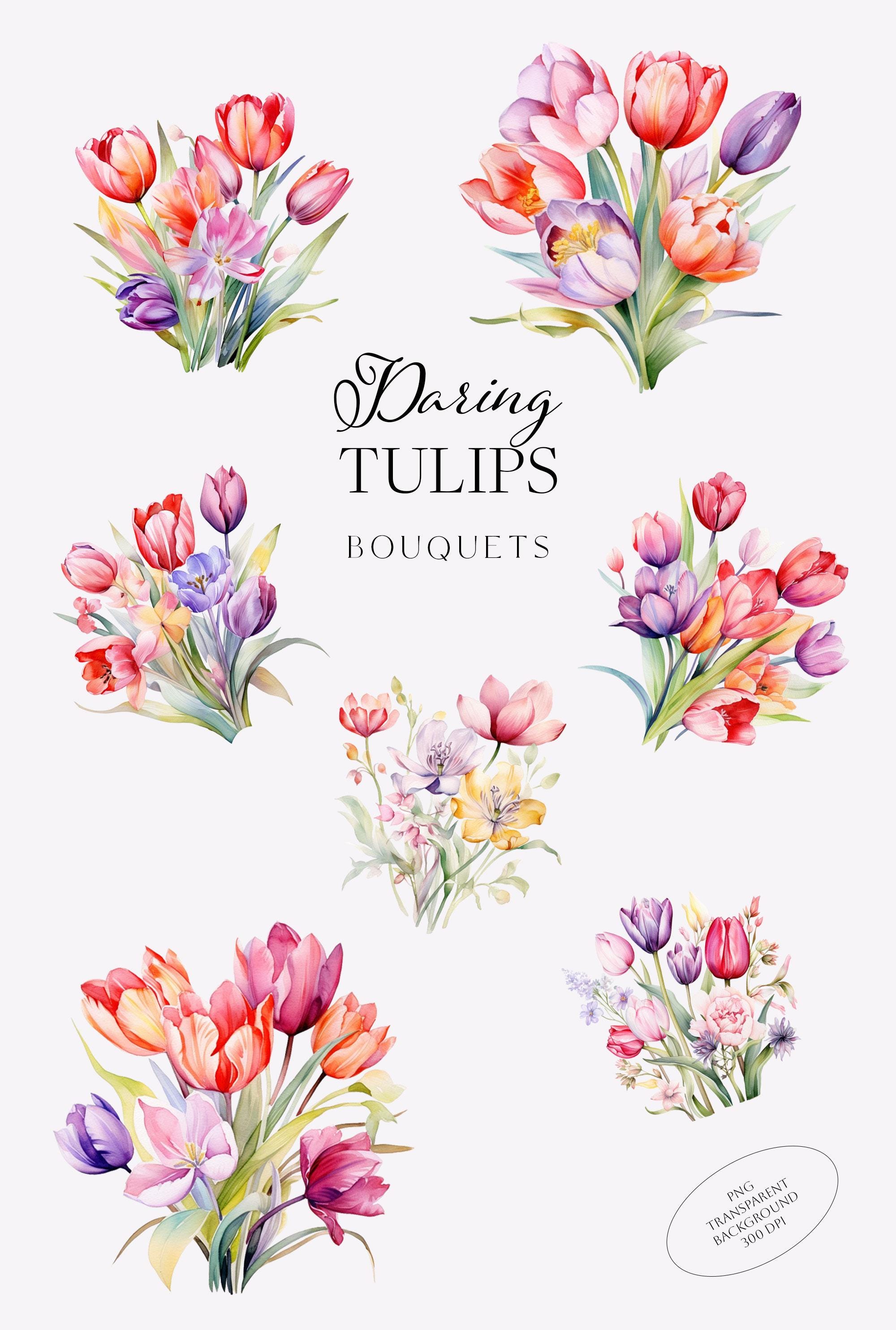 Watercolor Tulips Flowers Clipart - Romantic Tulips Clipart Bouquets ...