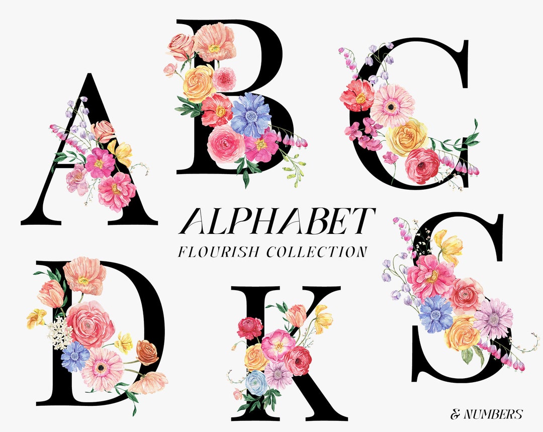 FLOURISH Watercolor Floral Alphabet Clipart, Bright Flowers Letters ...