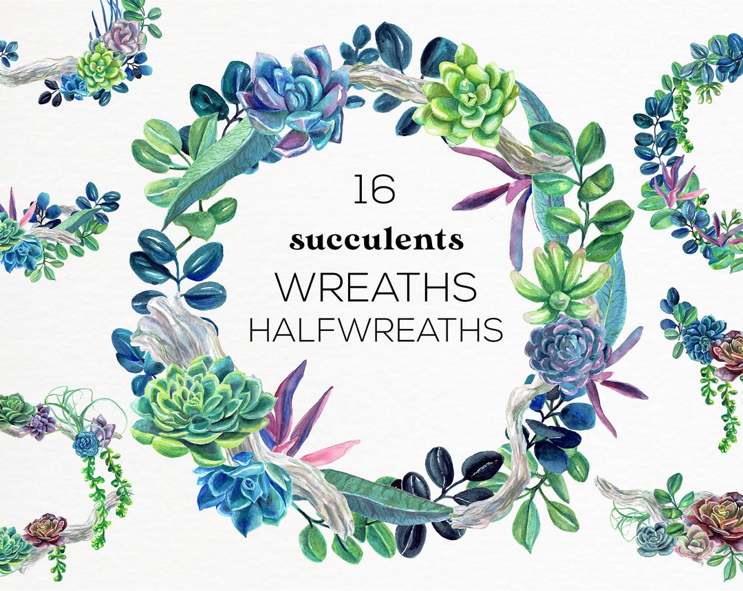 Succulents Wreaths Watercolor Clipart, Floral Watercolor Wreath Clipart ...
