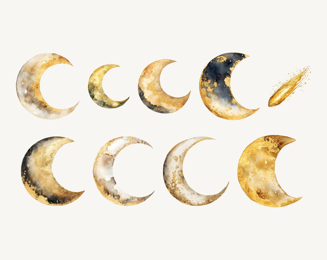 Gold Watercolor Moon Clipart, Gold Sun Clipart, Gold Crescent Moons ...