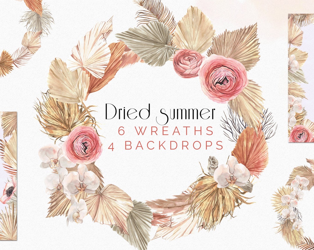 Watercolor Boho Floral Wreaths Clipart,flowers and Dried Palm Leaves ...