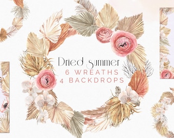 Watercolor Boho Floral Clipart Flowers Dried Palm Leaf - Etsy