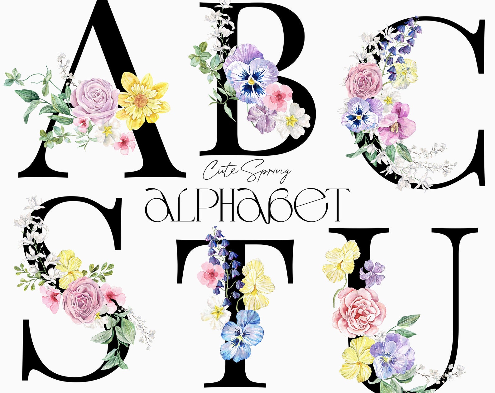 Cute Spring Watercolor Alphabet Clipart Pastel Flowers - Etsy