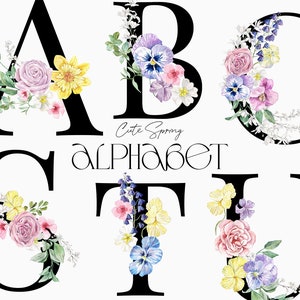 Cute Spring Watercolor Alphabet Clipart, Pastel Flowers Pansies Tulips ...