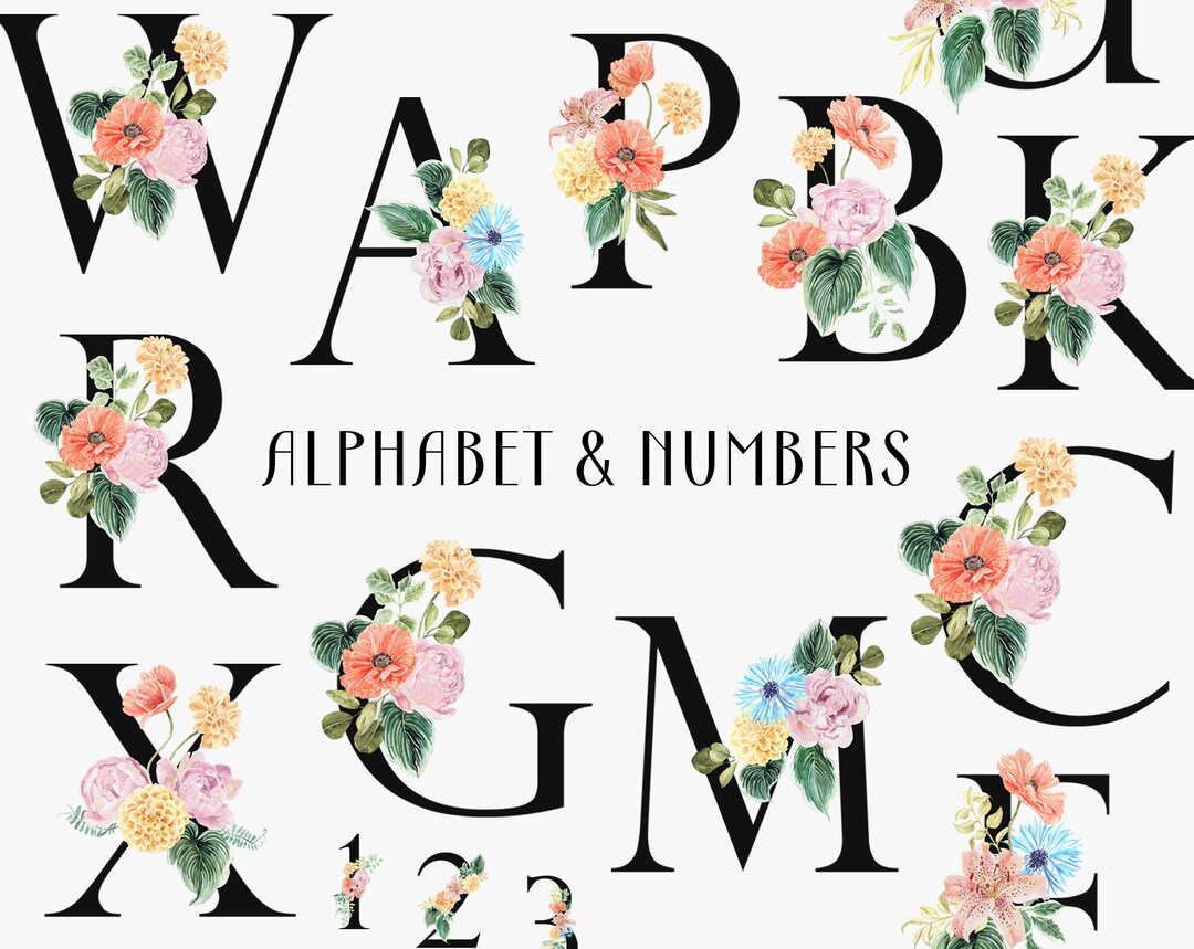 SUMMER Essentials Alphabet, Pastel Floral Watercolor Letters & Numbers ...