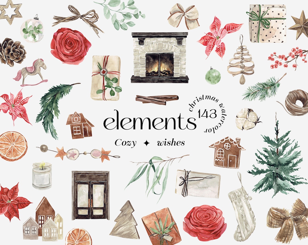 Cozy Winter Elements Watercolor Clipart Natural Christmas Gift Decor ...
