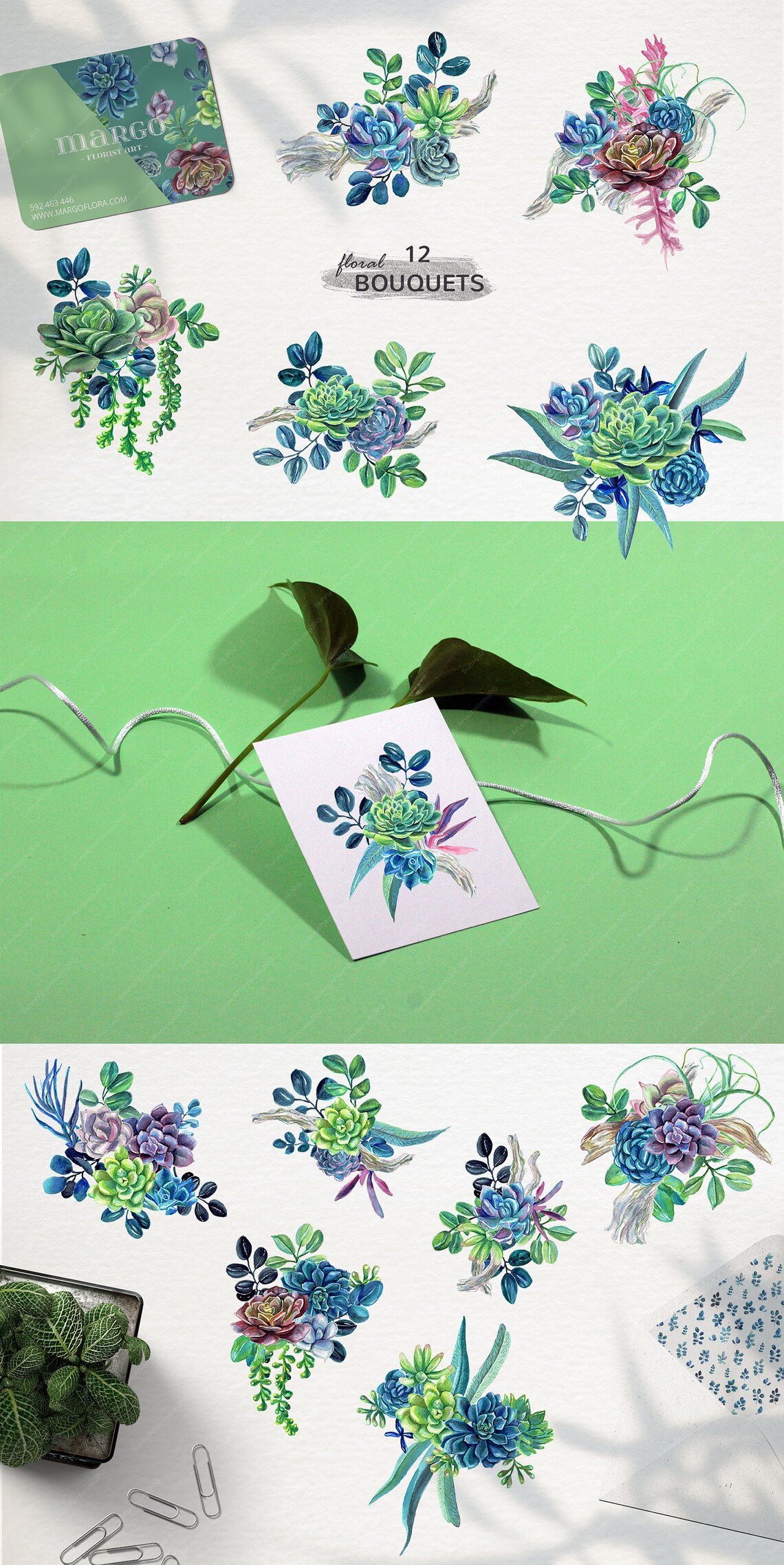 Succulents SET Floral Watercolor Clipart Silver Alphabet and | Etsy