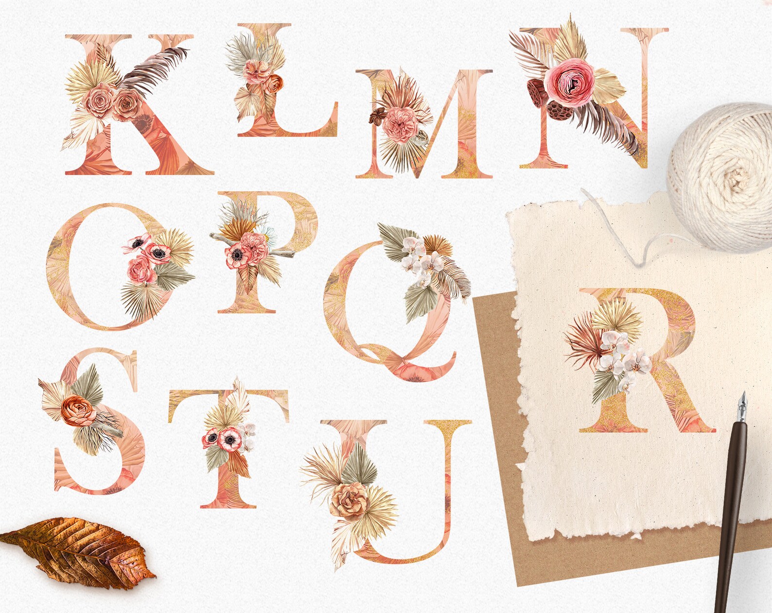 Watercolor Boho Floral Alphabet flowers and dried palm | Etsy