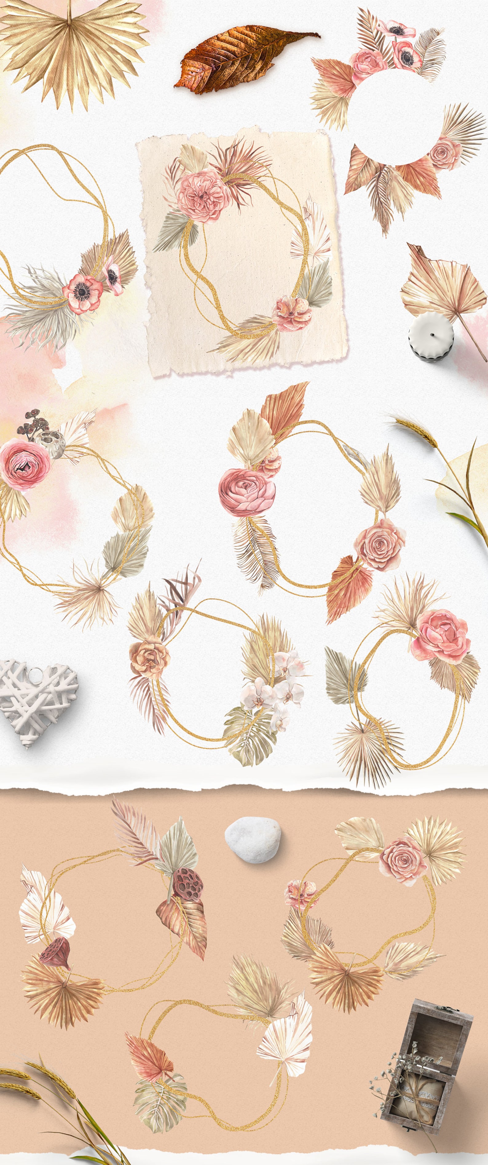 Watercolor Boho Floral Frames Clipart,boho Flowers and Dried Palm ...