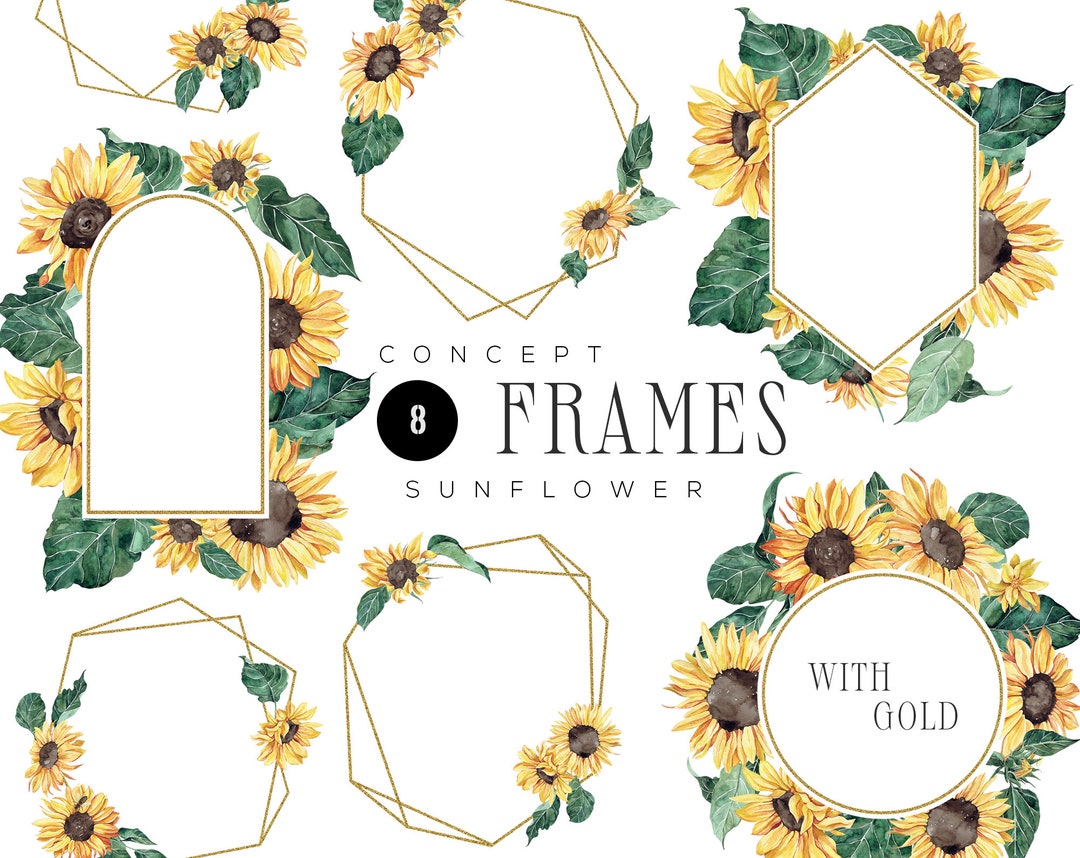 Concept: Sunflower Frames Watercolor Clipart, Sunflower Gold Wedding ...
