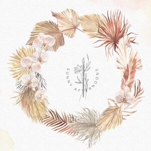 Watercolor Boho Floral Wreath Clipart, Flowers and Dried Palm Leaves ...