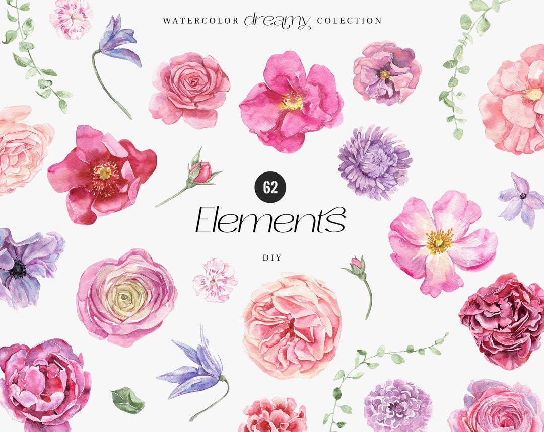 DREAMY Watercolor Floral Elements DIY, Lilac Watercolor Flowers Png ...