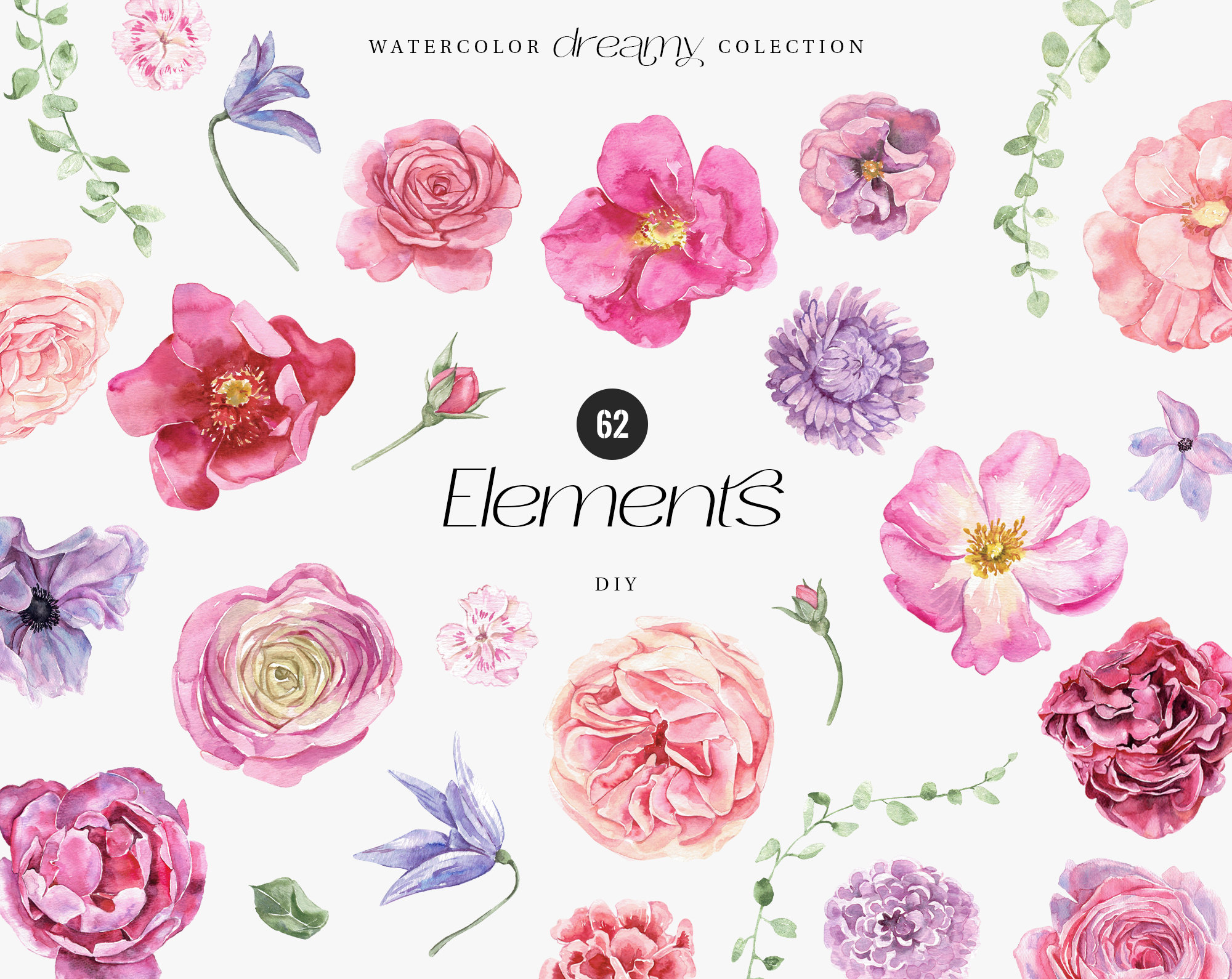 DREAMY Watercolor Floral Elements DIY, Lilac Watercolor Flowers Png ...