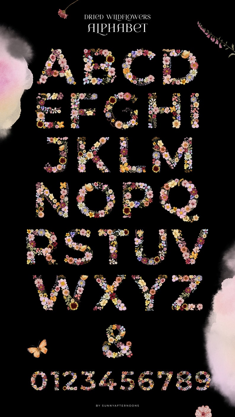 Dried Wildflowers Alphabet Watercolor Clipart, Delicate Pressed Flowers ...