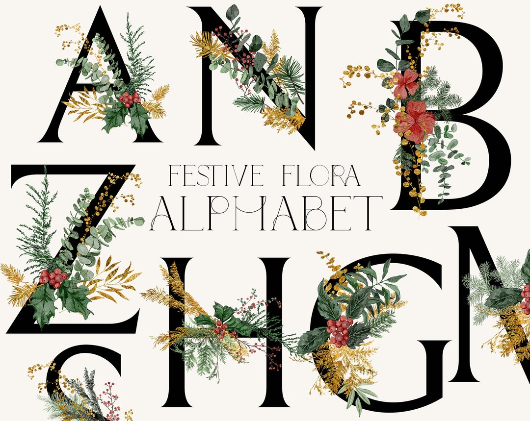 Festive Flora Alphabet Watercolor Clipart, Christmas Florals Foliage ...