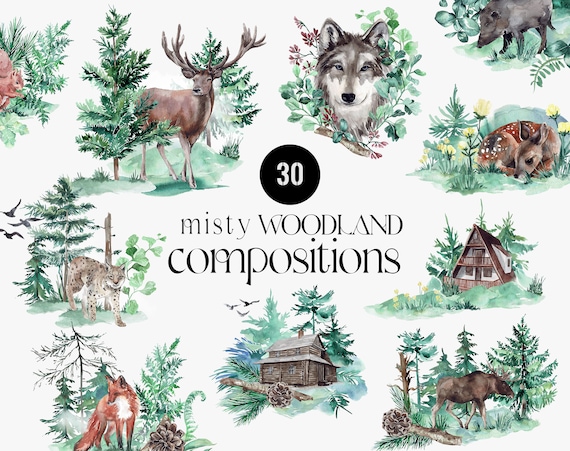 Watercolor Forest Digital Clipart Set Misty Woodland Forest | Etsy