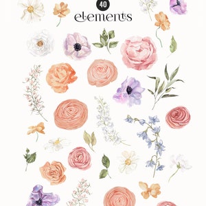 Whimsical Boho Watercolor Pastel Floral Elements Clipart, Light Airy ...