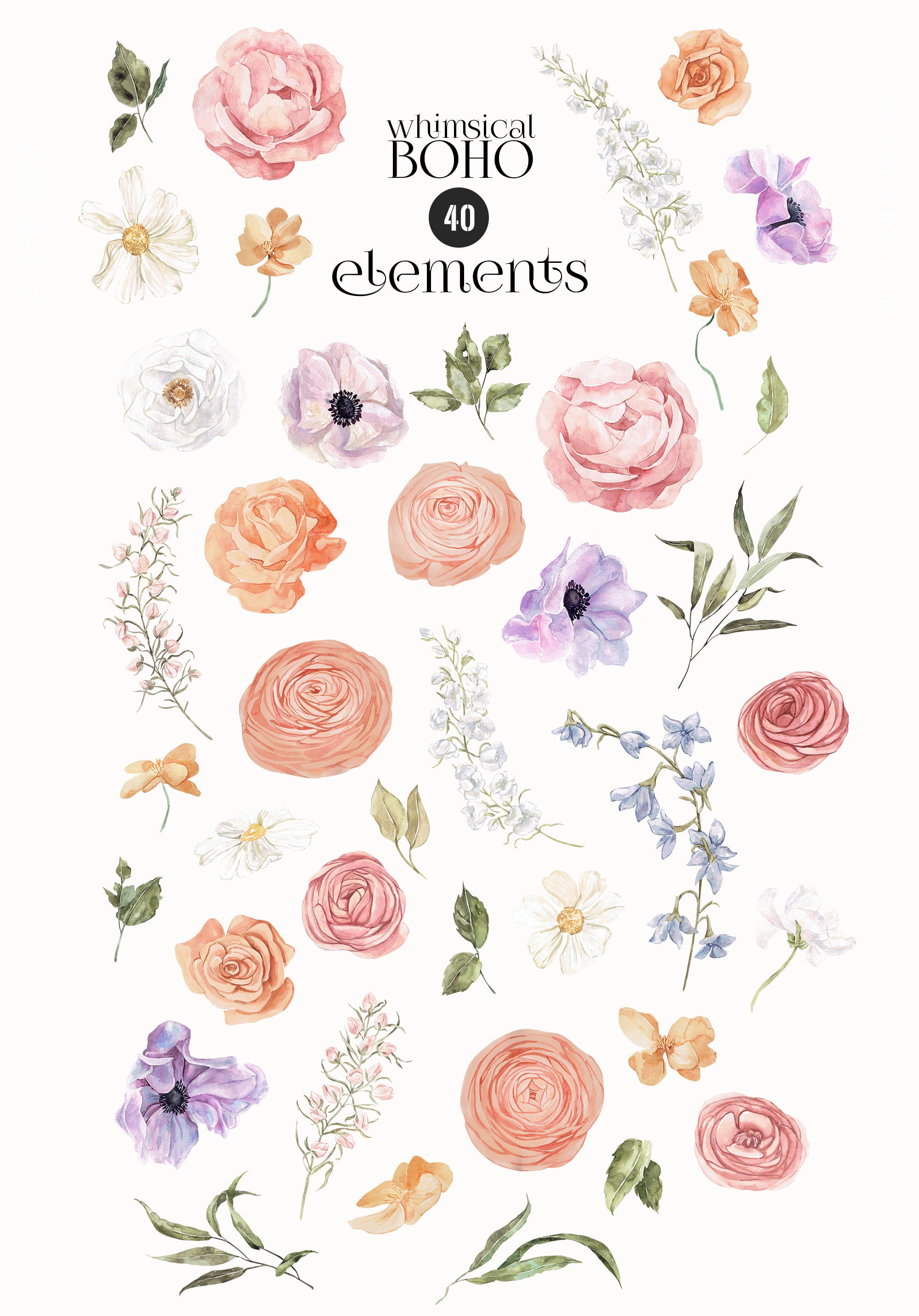 Whimsical Boho Watercolor Pastel Floral Elements Clipart, Light Airy ...