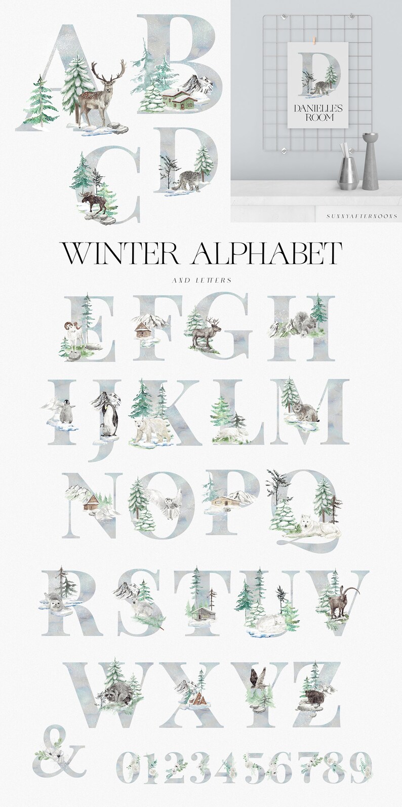 Watercolor Forest Mountain Alphabet Clipart Wintery Letters - Etsy