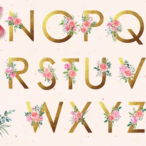 Blush Pink Roses Floral Watercolor Clipart, Gold Alphabet, Pink Roses ...
