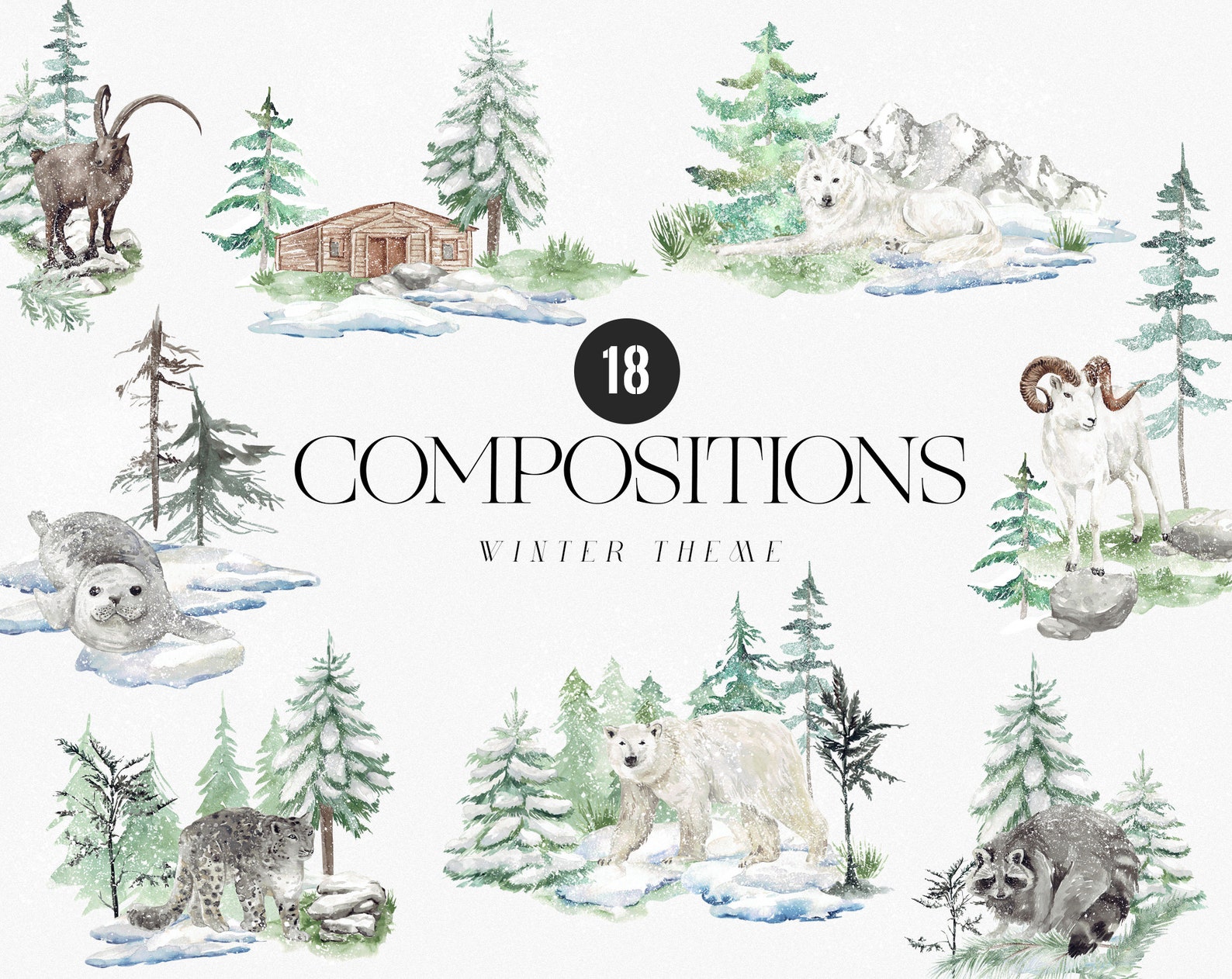 Watercolor Forest Mountain Digital Clipart Set Winter Animal - Etsy