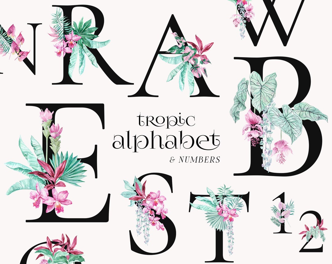 Tropic Mystique Alphabet Watercolor Exotic Letters & Numbers Clipart ...