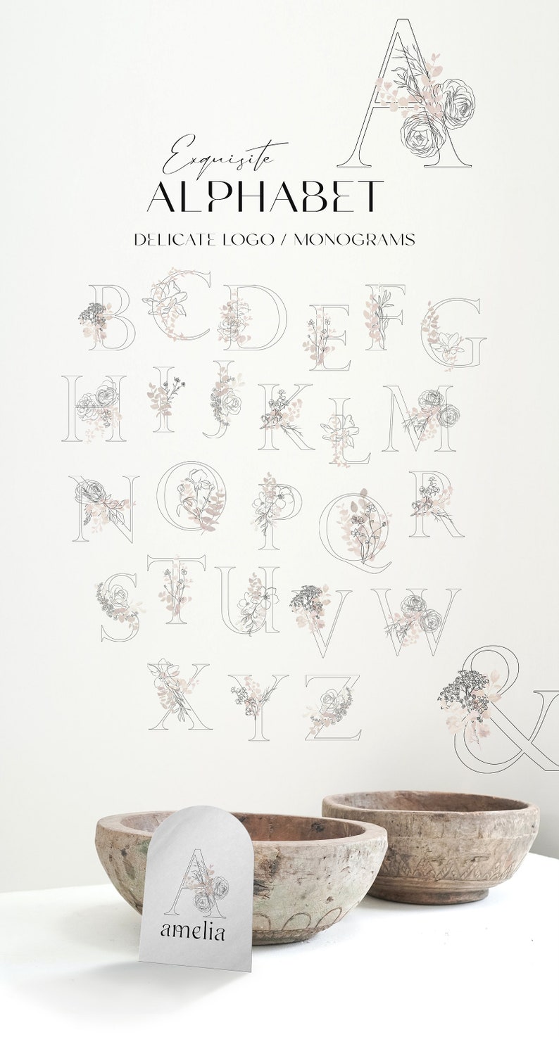 Fine Art Botanical Alphabet Clipart Vintage Floral Crest | Etsy