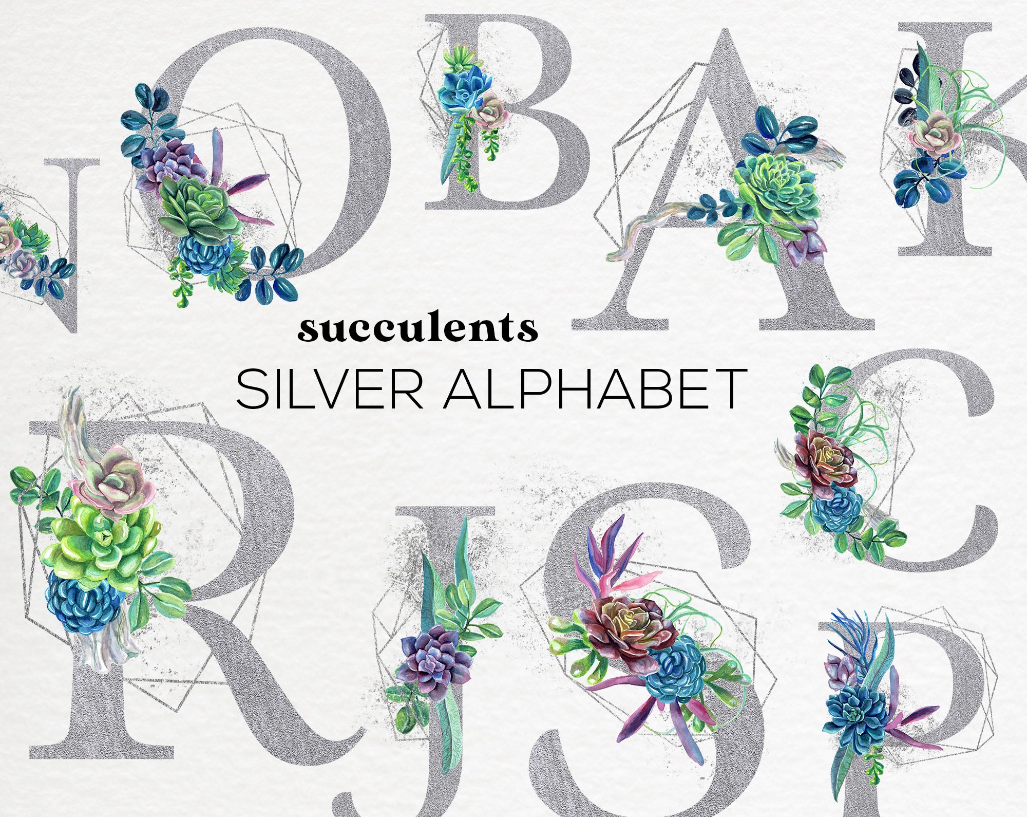 Succulents Watercolor Alphabet Clipart, Floral Watercolor Succulent ...