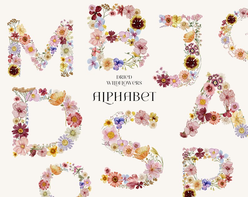 Dried Wildflowers Alphabet Watercolor Clipart, Delicate Pressed Flowers ...