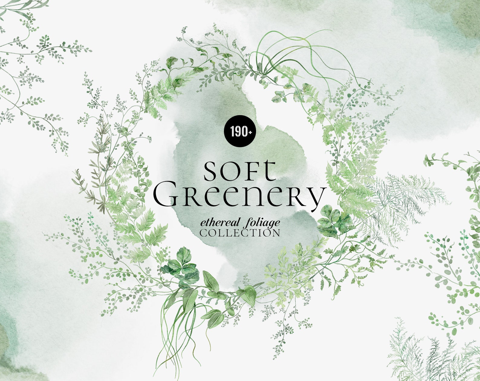 Soft Greenery Watercolor Clipart, Delicate Wreaths, Foliage Leaves ...