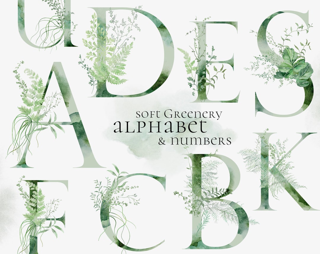 Soft Greenery Alphabet Watercolor Clipart, Delicate Leaves Green ...