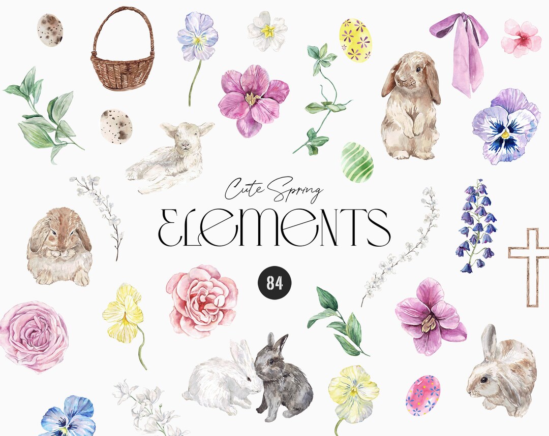 Cute Spring Watercolor Elements DIY Bunnies and Easter Eggs Clipart ...