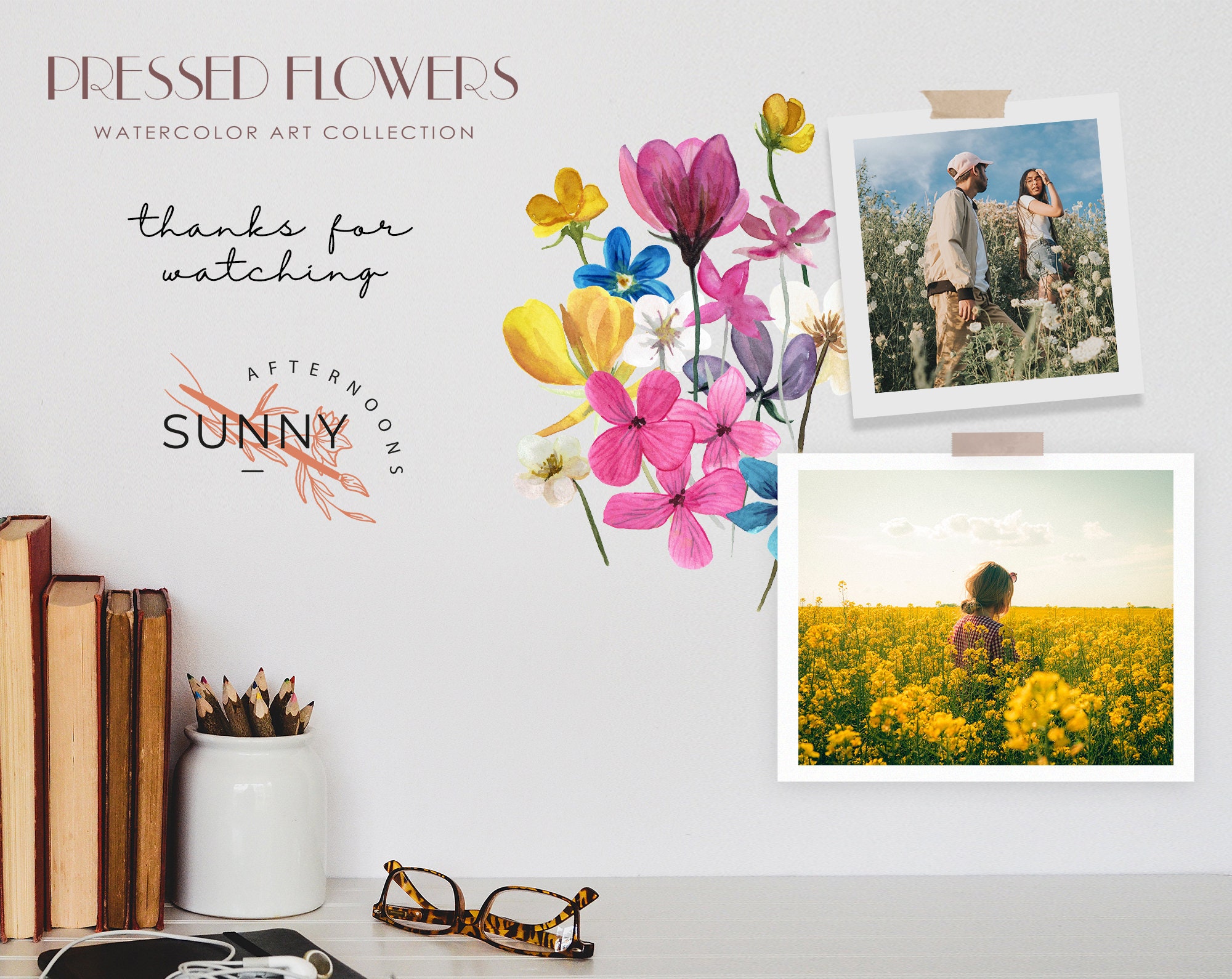 Pressed Flowers Elements Floral Watercolor Dried Flowers - Etsy