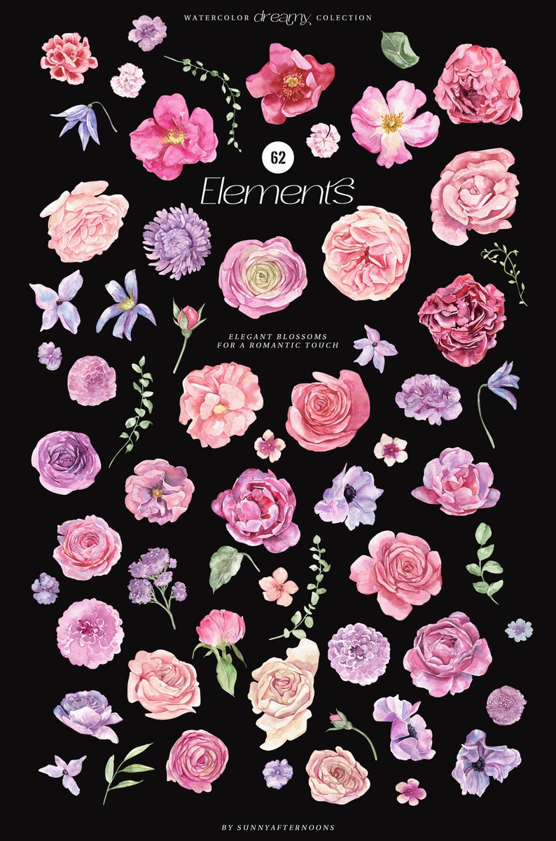 DREAMY Watercolor Floral Elements DIY, Lilac Watercolor Flowers Png ...