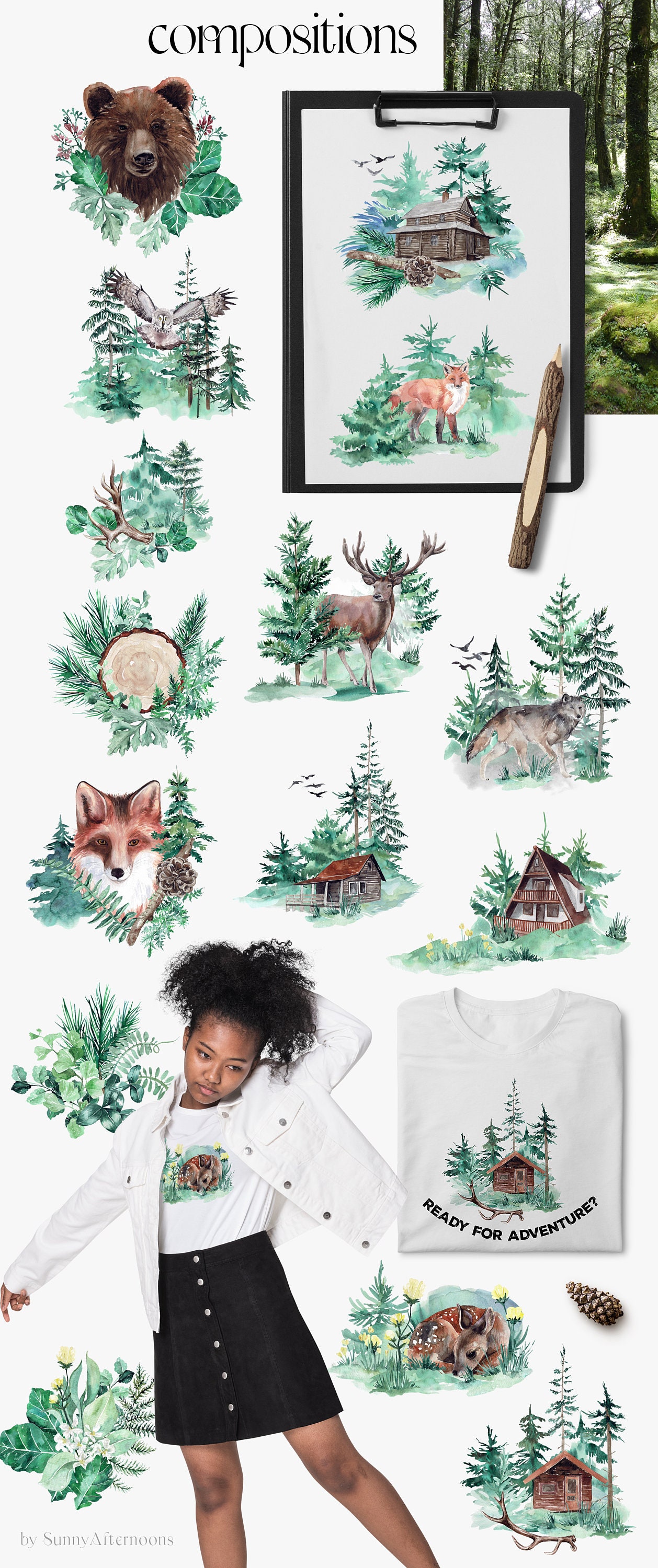 Watercolor Forest Digital Clipart Set Misty Woodland Forest - Etsy