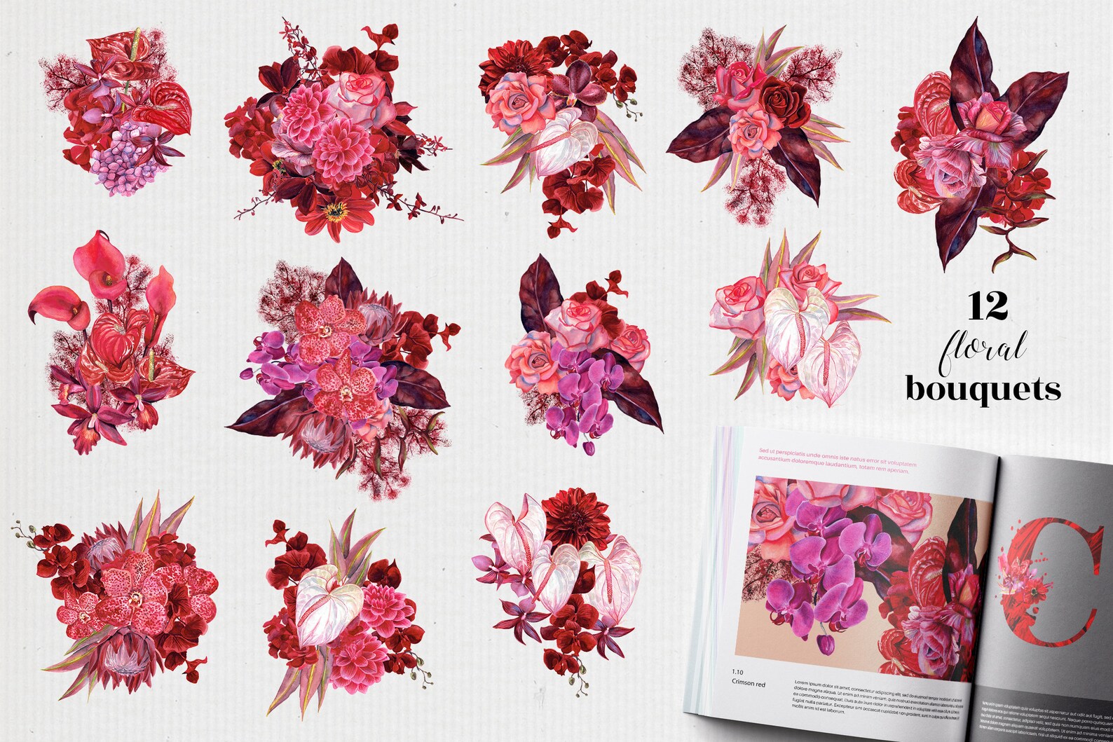 Crimson Floral Watercolor Clipart Roses Orchids Watercolor - Etsy
