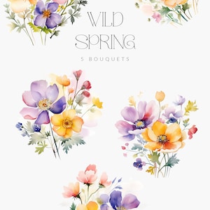 Watercolor Spring Flowers Clipart - Wild Spring Floral Clipart - Bright ...