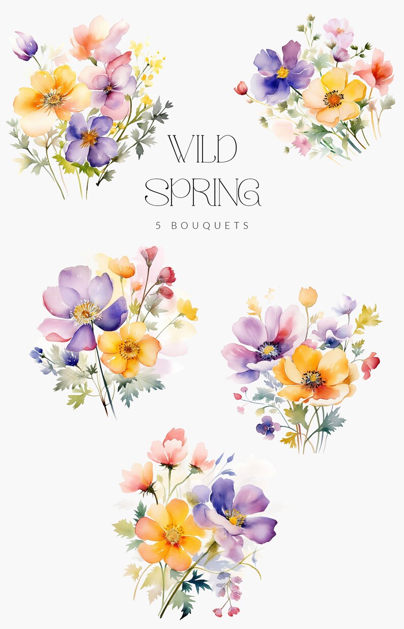 Watercolor Spring Flowers Clipart - Wild Spring Floral Clipart - Bright ...