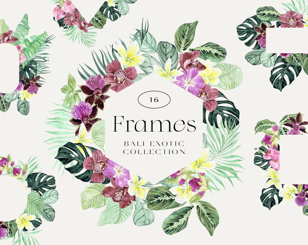 Bali Tropical Watercolor Floral Frames Clipart, Exotic Flowers & Jungle ...