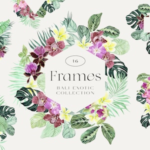 Bali Tropical Watercolor Floral Frames Clipart, Exotic Flowers & Jungle ...